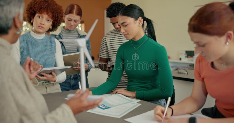 Students, Teacher and Windmill in Classroom for Learning, Environmental ...