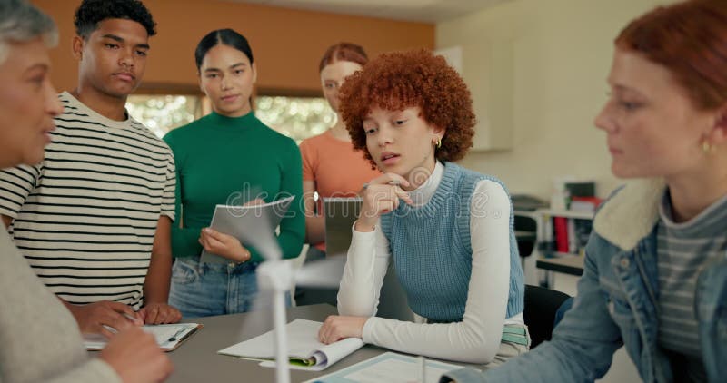 Students, Teacher and Windmill in Classroom for Learning, Environmental ...