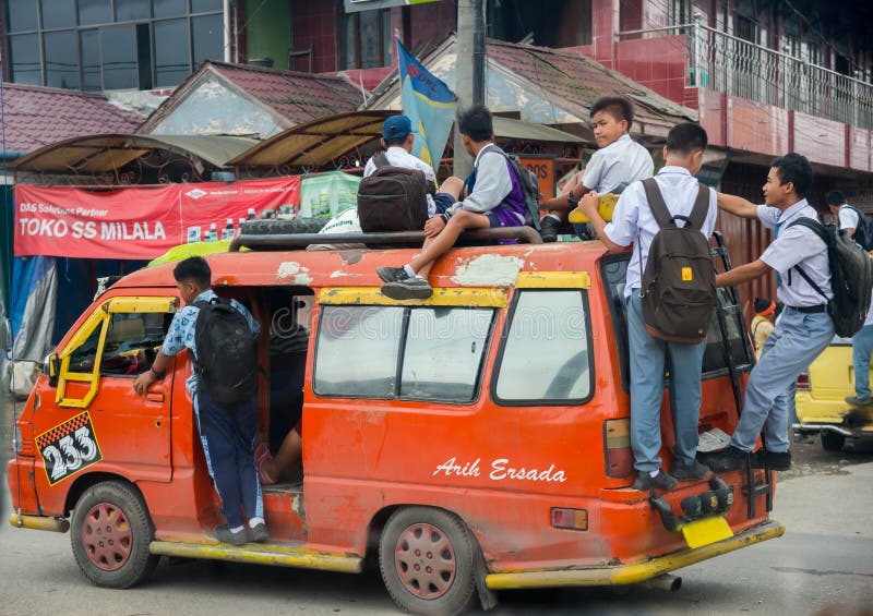 Students Teens Go Inside and Outside on a Red Van To School Singapore ...