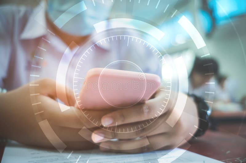 Students are Test Exam and Study Online by Using Smartphone and Wearing ...