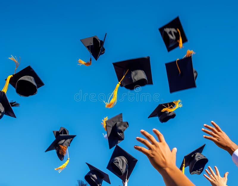 Students Throwing Graduation Hats in the Air Celebrating Stock Photo ...