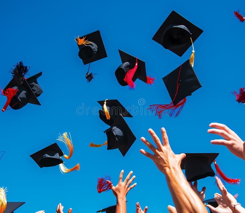 Students Throwing Graduation Hats in the Air Celebrating Stock Photo ...