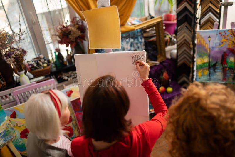 Students and Their Grey-haired Art Tutor Drawing Stock Photo - Image of ...
