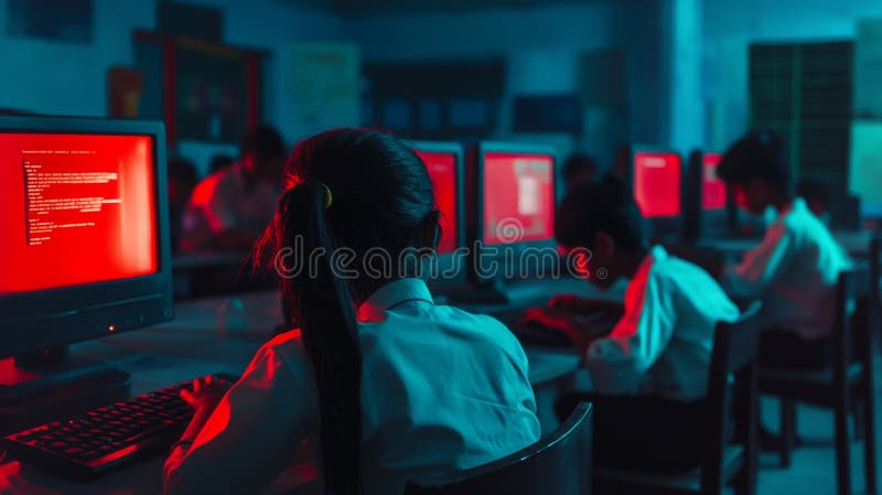 Students in Uniforms Working on Computers with Red-lit Screens in a ...