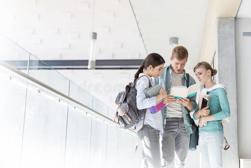 Friends Discussing Over Book while Standing in Corridor at University ...