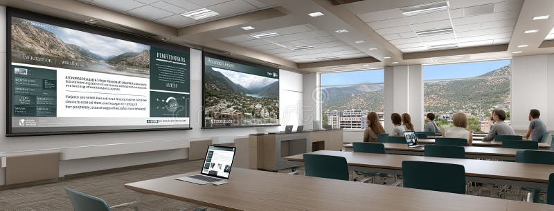 Students Use Laptops in a Bright Classroom with Glass Walls, Learning ...