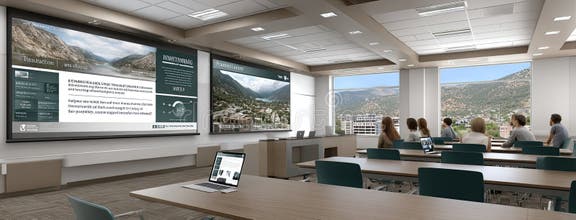 Students Use Laptops in a Bright Classroom with Glass Walls, Learning ...