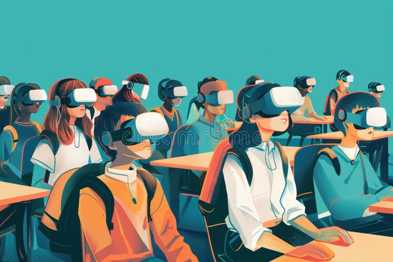 Students Use VR Headsets in Futuristic Classroom Setting. Diverse Group ...