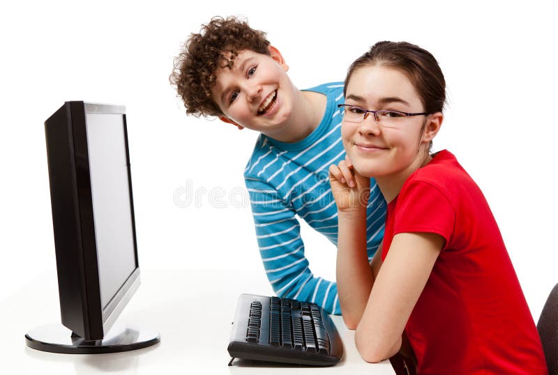 Elementary Students Working at Computers in Classroom Stock Photo ...