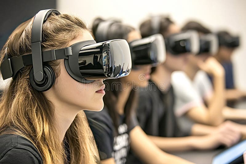 Students Using Virtual Reality Headsets in Computer Class Stock Image ...