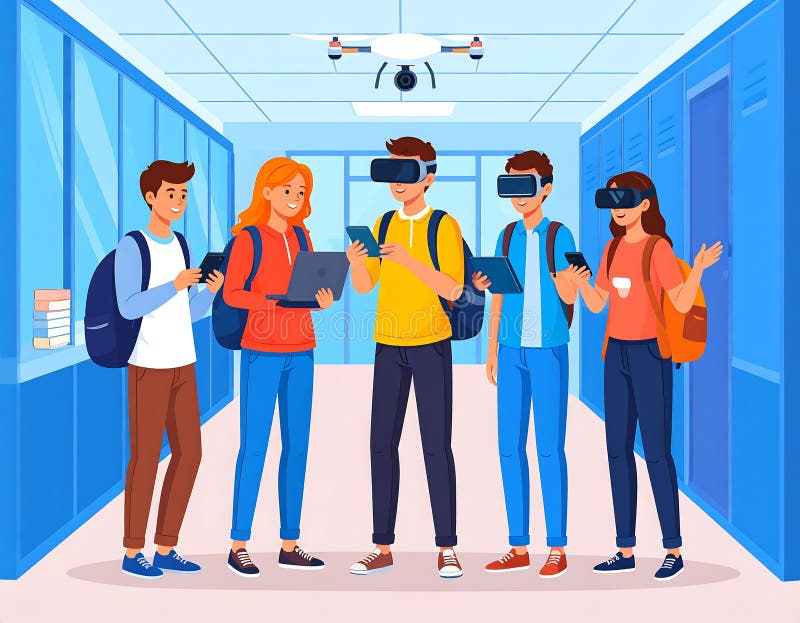 Students Using Virtual Reality Headsets and Digital Devices in School ...