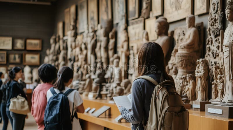 Students Visiting Museum Looking at Ancient Wooden Statues Stock ...
