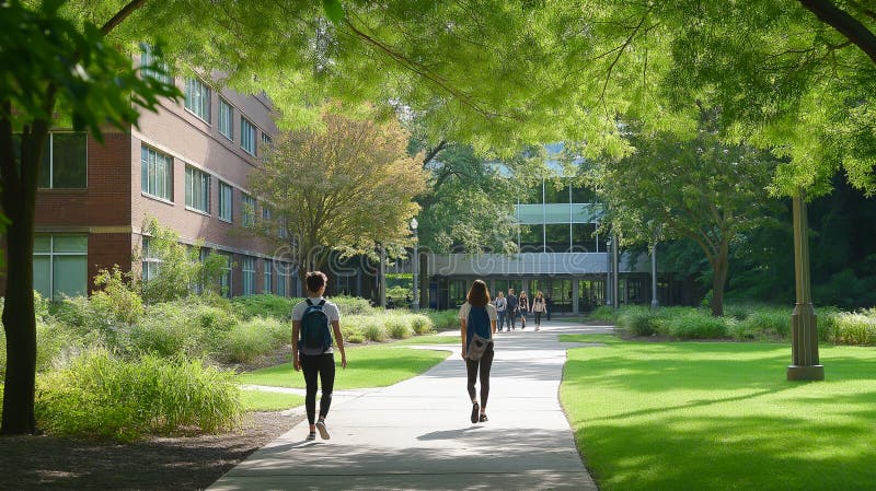 Students Walk on a Sunny University Campus Path Surrounded by Greenery ...