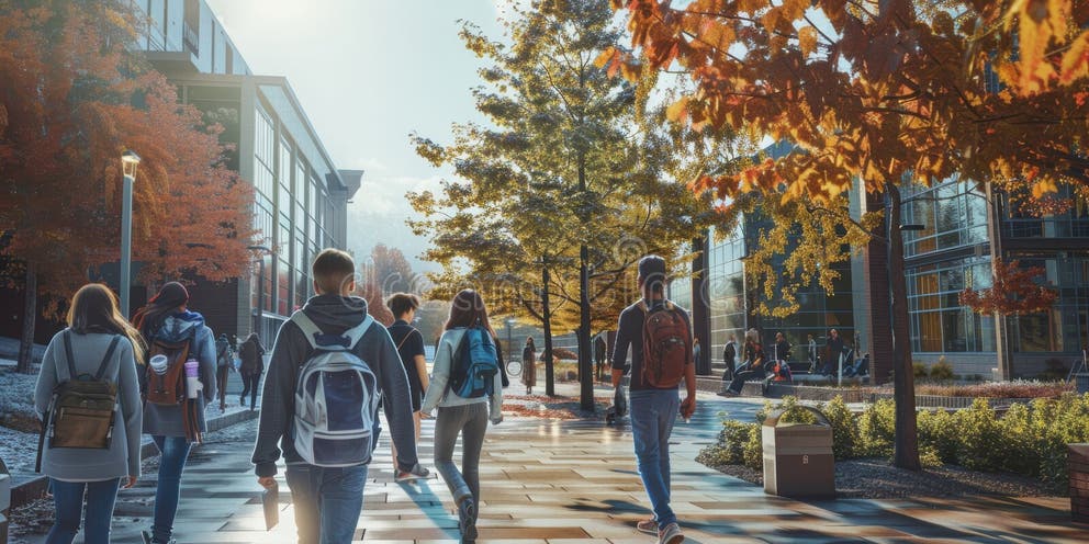 Students Walking on Campus Pathway in Autumn. Created by Generative ...
