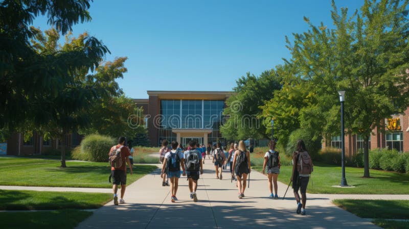 Students Walking on Campus Pathway Stock Image - Image of summer ...