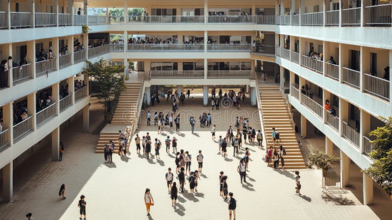Students Walking in the Courtyard of a Modern School Building Stock ...