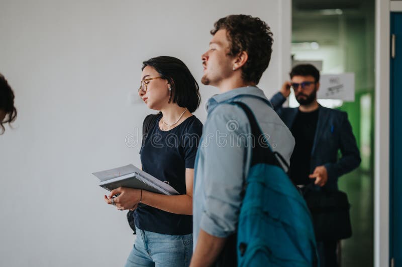 Students Walking in Hallway Carrying Notebooks and Backpacks Stock ...