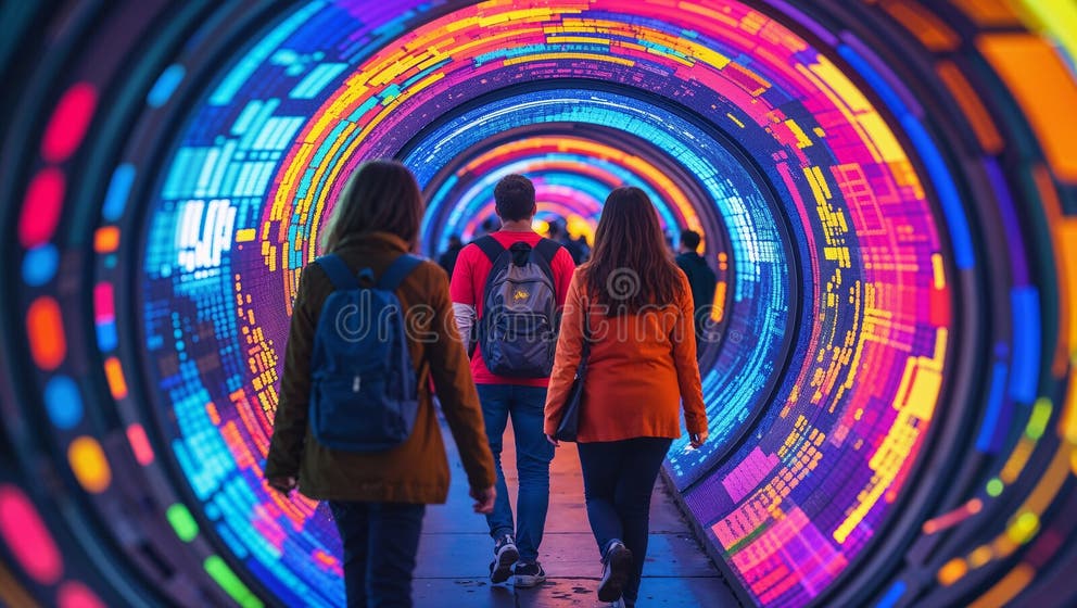 Students Walking in Immersive Digital Tunnel Experiencing Interactive ...