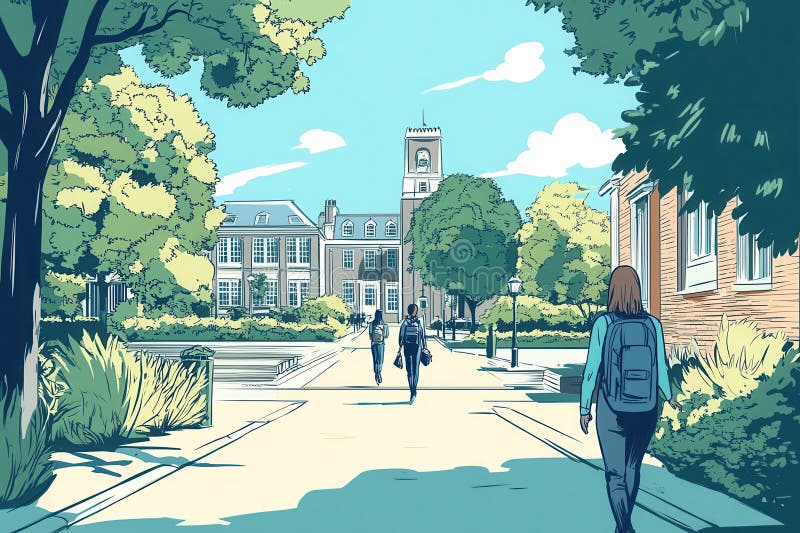 Students Walking on a Pathway through a University Campus Stock ...