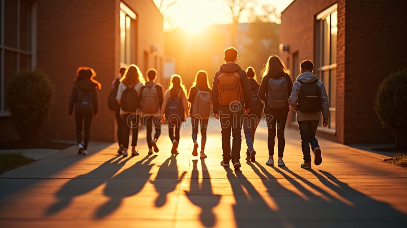 Students Walking on Sidewalk with Backpacks in Backlight. Stock ...