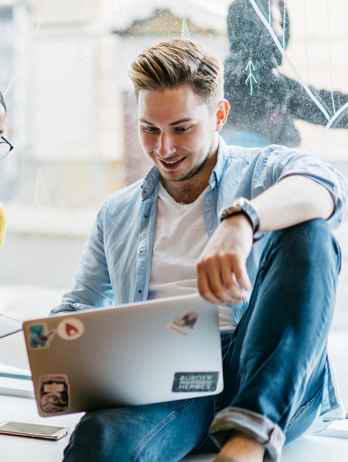 Students Watching Laptop during Study on Windowsill Stock Image - Image ...