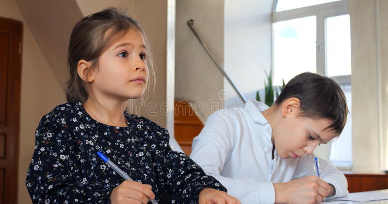Students Working Intently at Desks, Writing and Concentrating during ...