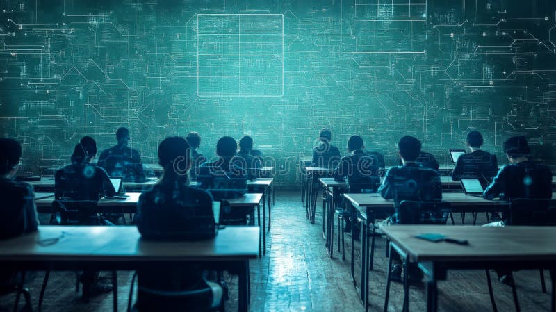Students Working on Laptops in a Dark Classroom with a Glowing Teal ...