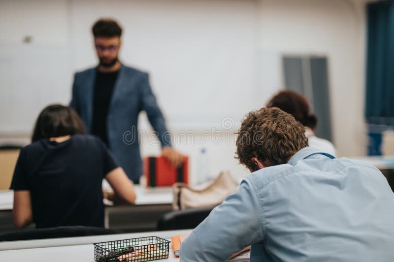 Students Working on Tasks in Class with Professor Assistance Stock ...