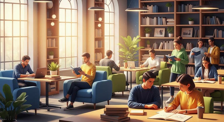 Students and Young Adults Learn and Collaborate in a Modern, Bright ...