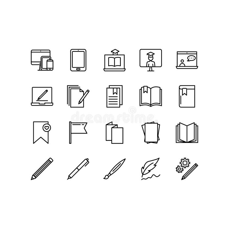 Studies and Learning Flat Line Icons Set. Stationery Tools, Bookmark ...