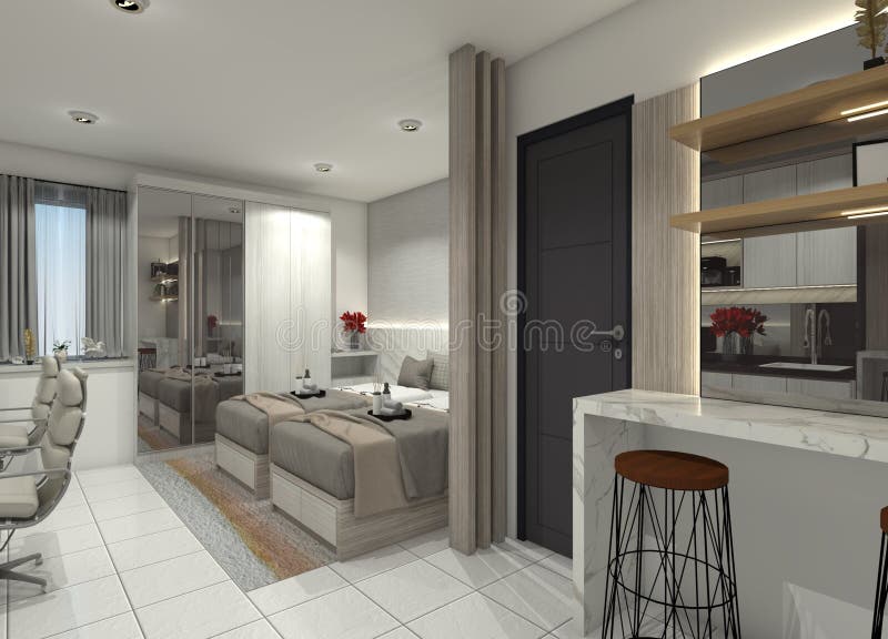 Studio Apartment Design with Double Bed and Wardrobe Cabinet. Stock ...