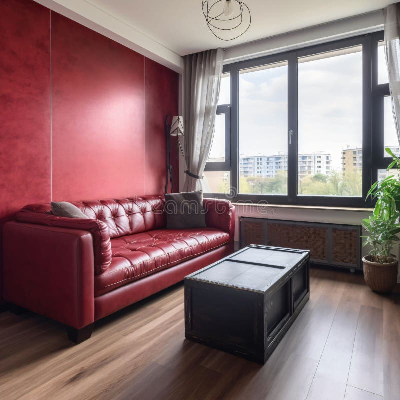 Studio Apartment with Red Leather Sofa. Stock Illustration ...