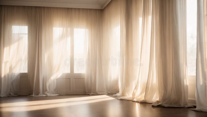 Studio, Bedroom with White Curtains with Stunning Light at Dawn. Stock ...