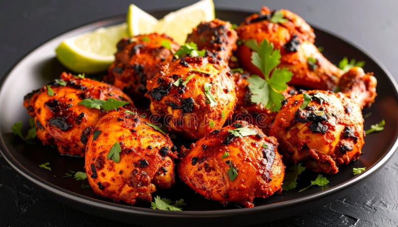Studio Close-up of Spicy Tandoori Chicken on Dark Plate with Dramatic ...