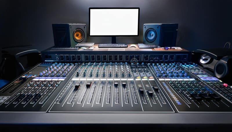 Studio Computer Music Station Set Up. Professional Audio Mixing Console ...