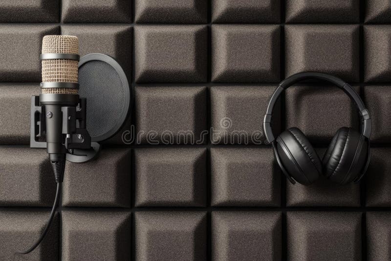 Studio Essentials, Microphone and Headphones on Acoustic Panels Stock ...