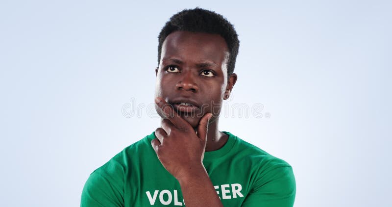 Studio Face, Black Man and Volunteer Thinking of Charity Project ...