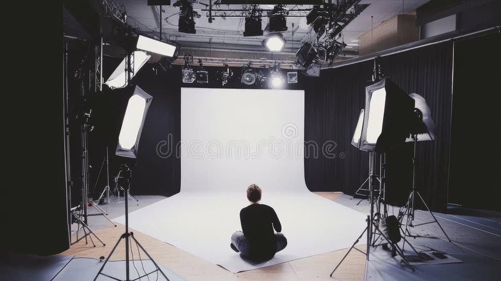 The Studio Features a Beige Backdrop, Lighting Equipment, and a Mirror ...