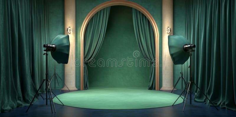 The Studio Features a Green Backdrop and Professional Lighting ...