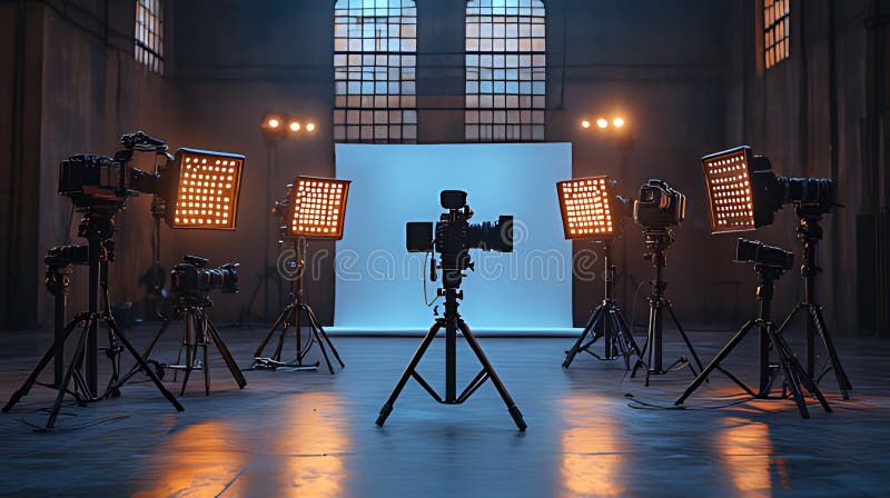 Studio Filming, Cameras, Lights, Backdrop, Warehouse Stock Illustration ...