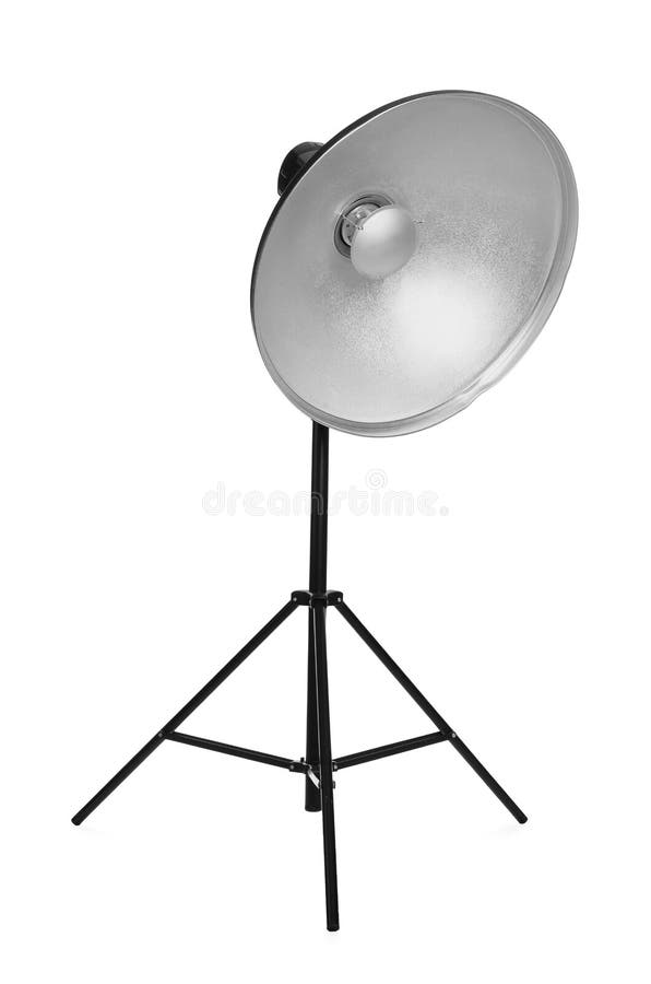 Studio Flash Light with Reflector on Tripod Against White Background ...