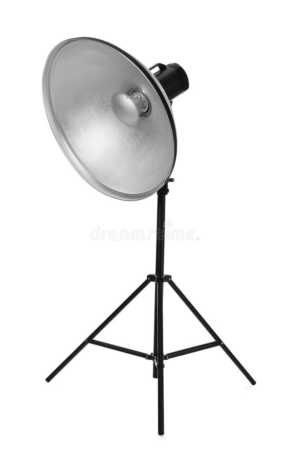 Studio Flash Light with Reflector on Tripod Against White Background ...