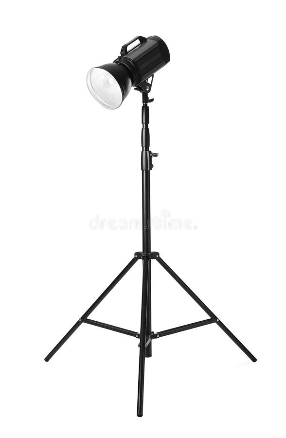 Studio Flash Light on Tripod Against White Background. Professional ...