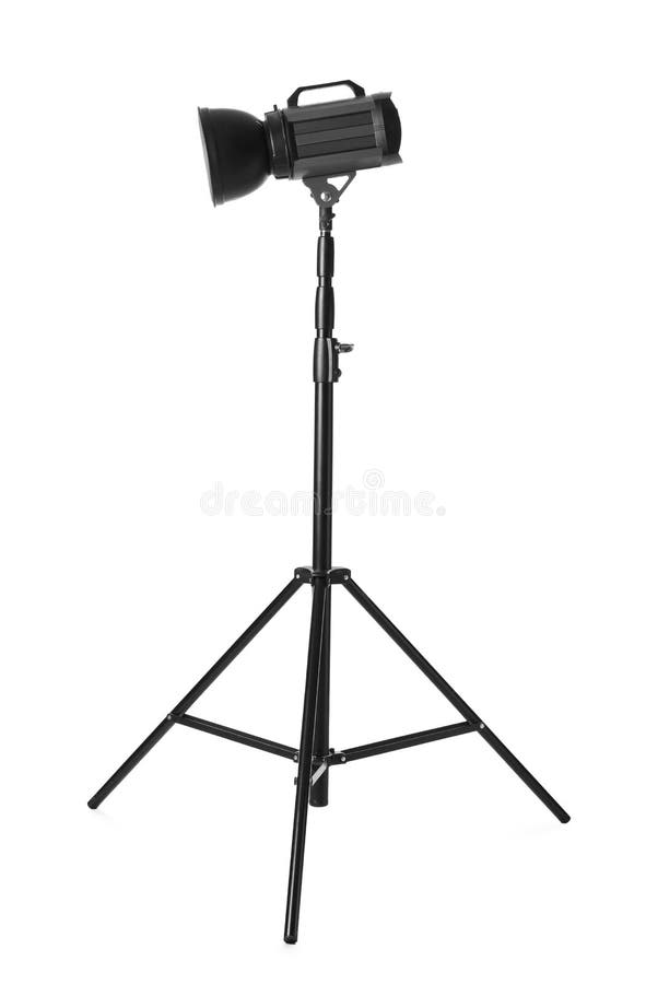 Studio Flash Light on Tripod Against White Background. Professional ...