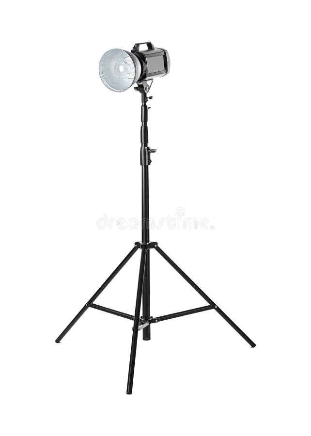 Studio Flash Light on Tripod Against White Background. Professional ...