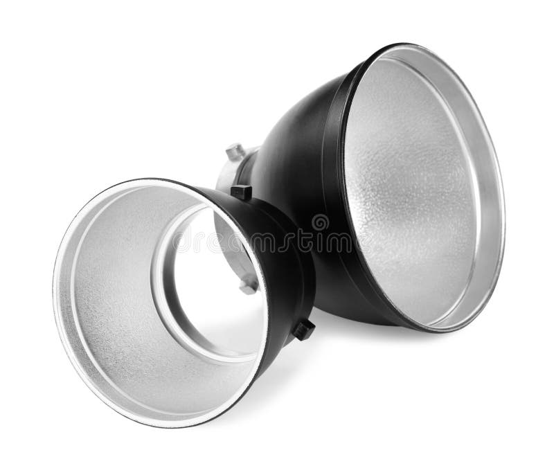 Studio Flash Lights Reflectors on White Background. Professional ...