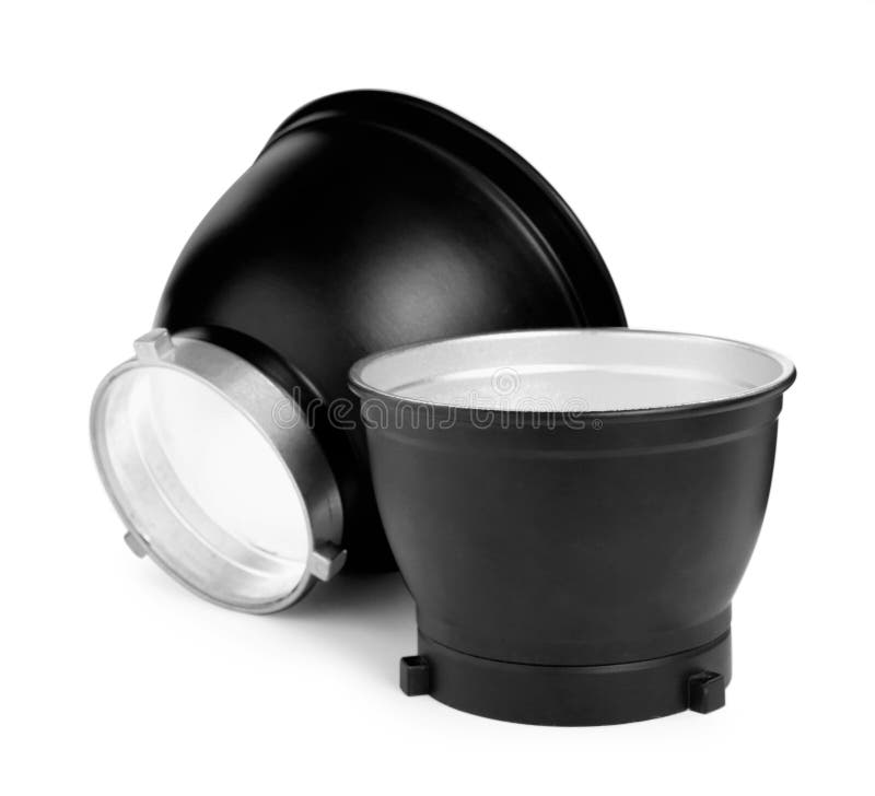 Studio Flash Lights Reflectors on White Background. Professional ...
