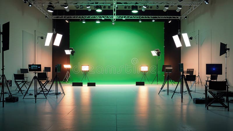 Studio with Green Screen Setup and Lighting Ready for Film Production ...