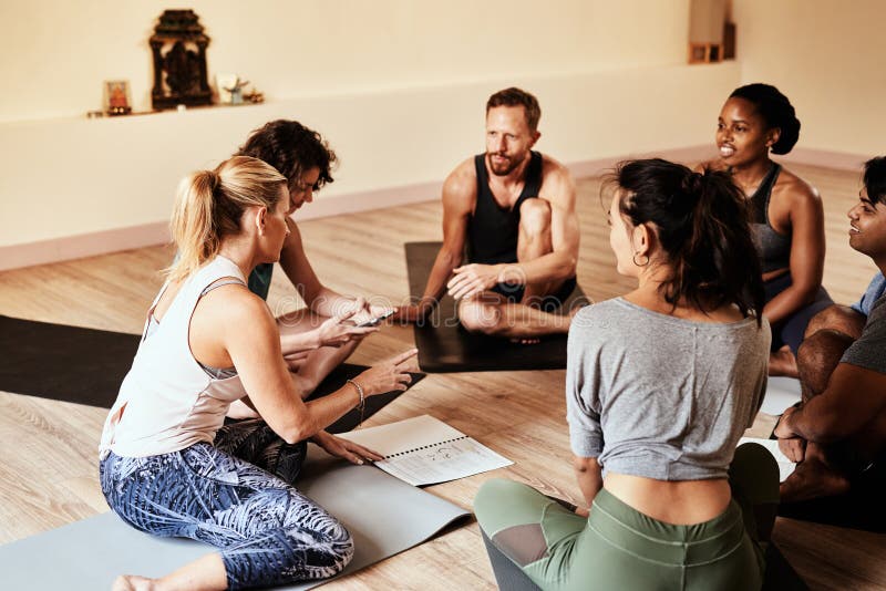 Studio, Group and People with Discussion for Yoga, Mindfulness and ...