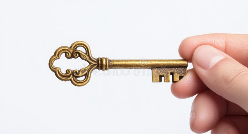 In a Studio, a Hand Holding an Old Key is Shot in Isolation on a Clean ...